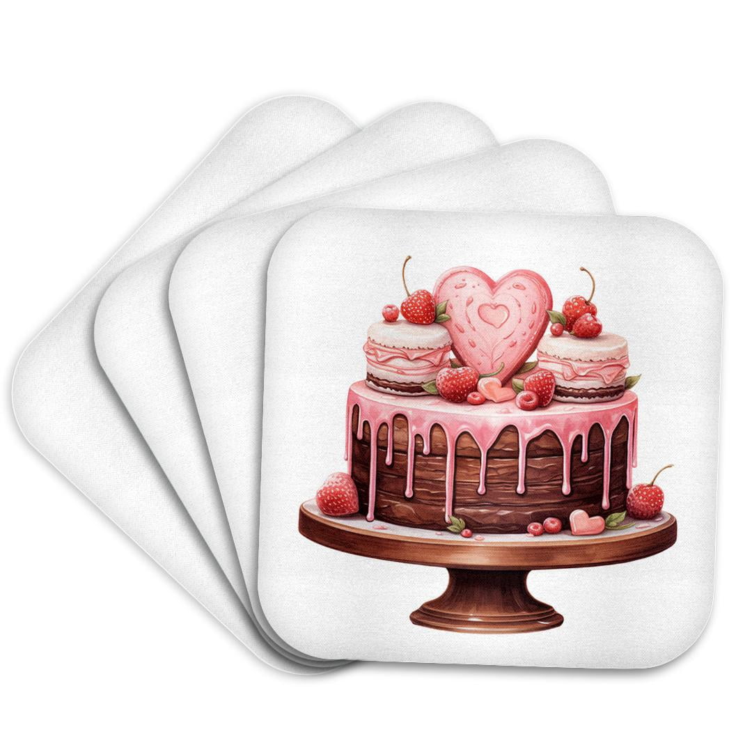 3drose, Two Layer Round Valentine Cake Illustration, Set of 4 Coasters ...