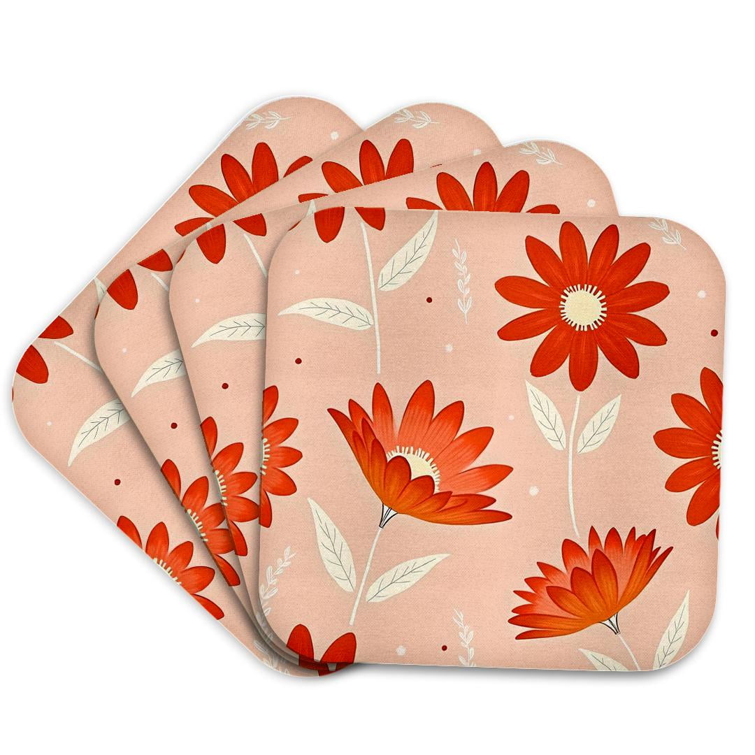 3drose, Vibrant Floral Pattern with Bold Red Orange Daisies, Set of 4 ...
