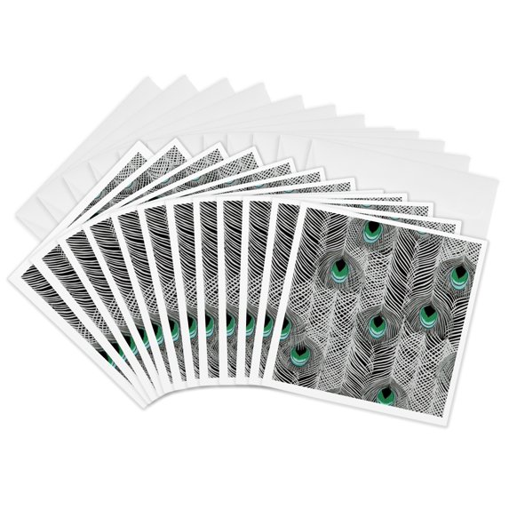 3drose, White, Black, Green, Aqua Feather Print, 12 Greeting Cards with ...
