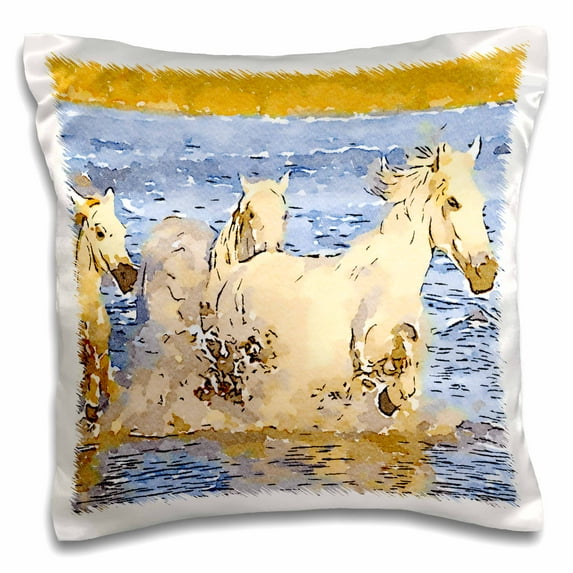 3drose, White Horses Running in a Lake Image of Watercolor Painting ...