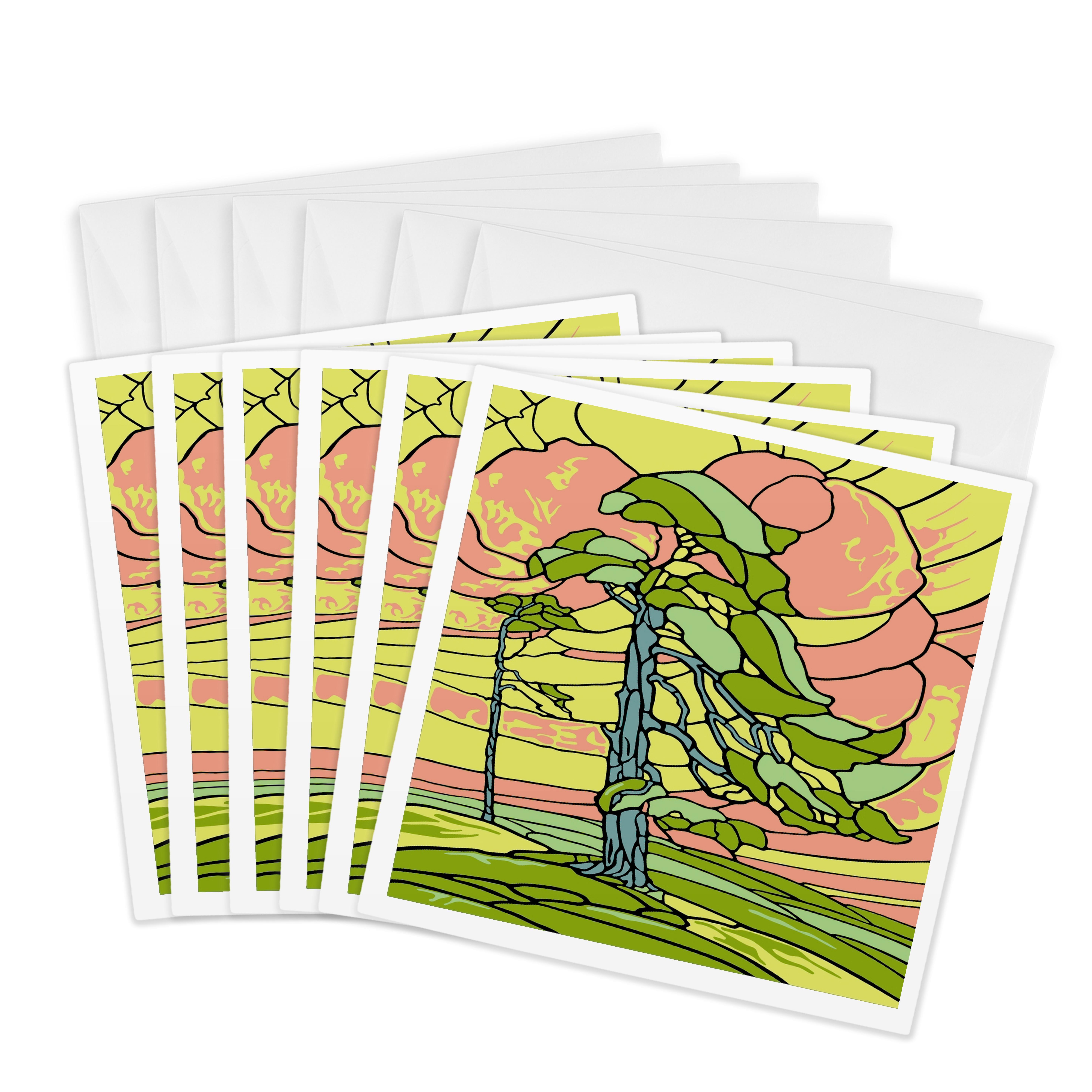 3drose, Windswept Pine Tree Stained Glass Design, 6 Greeting Cards with ...