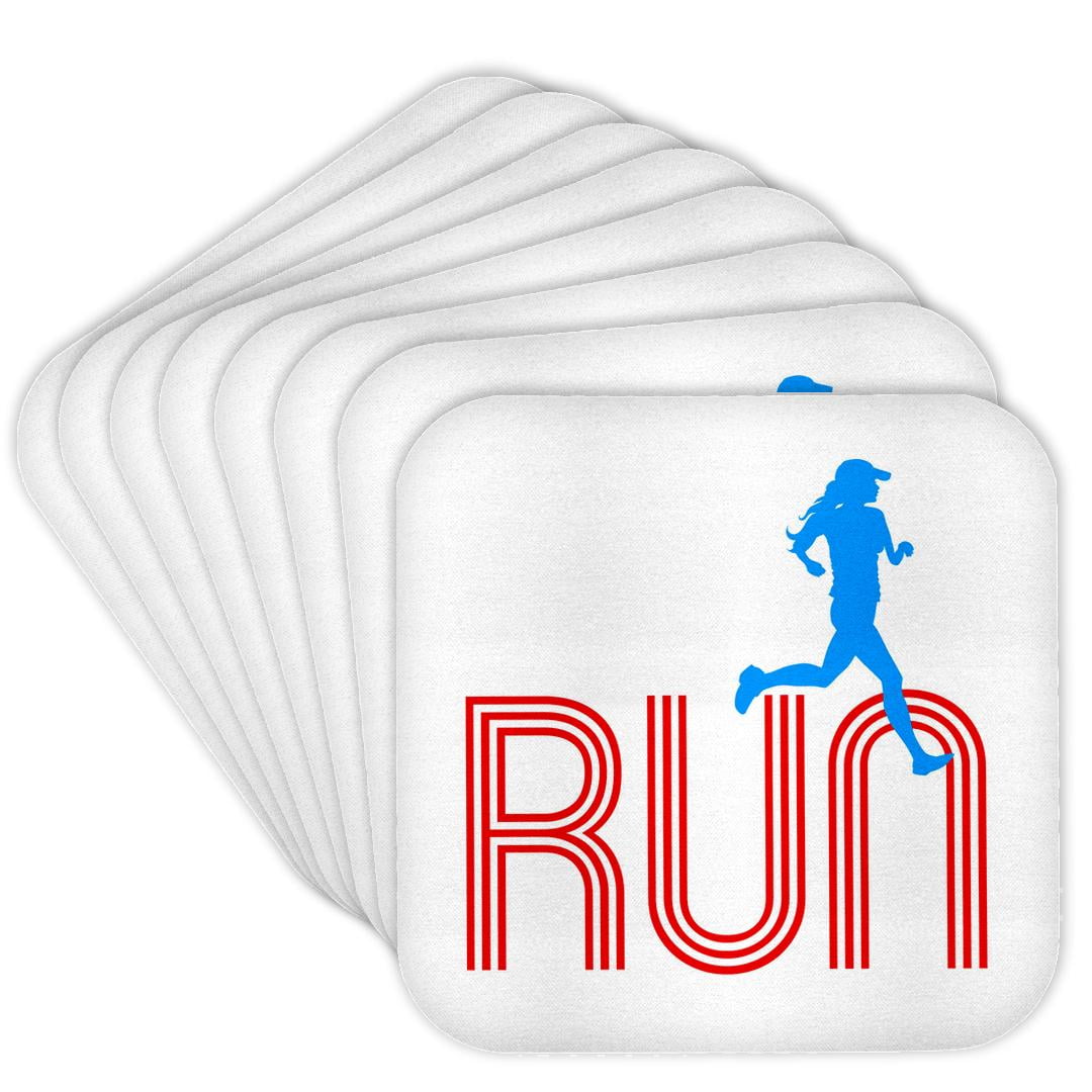 3drose, Woman Sportsman Jogger Runs over a Word Run. Red, Blue on White ...