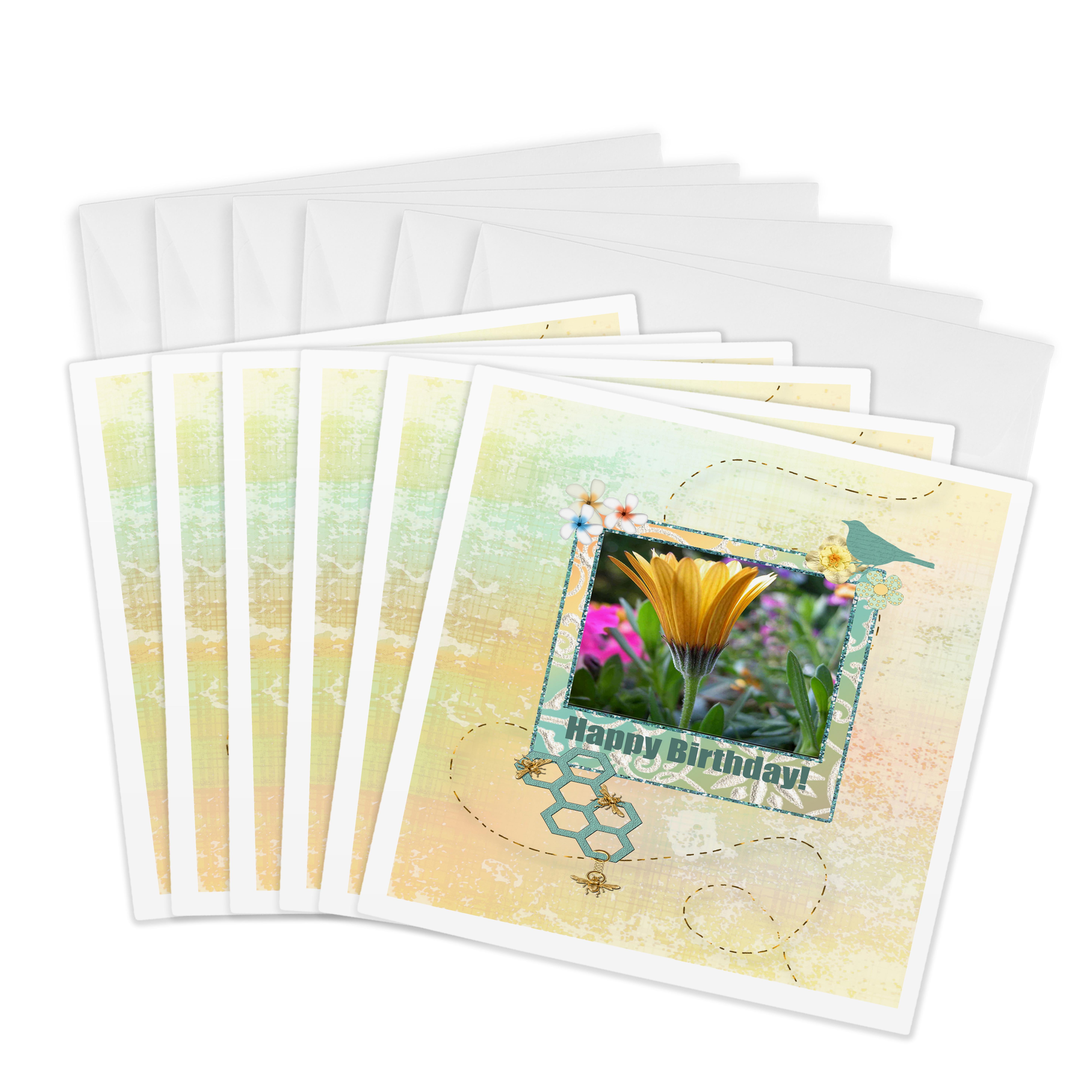 3drose, Yellow Gerber Daisy in Frame with Flowers, Birds, Gold Bees ...