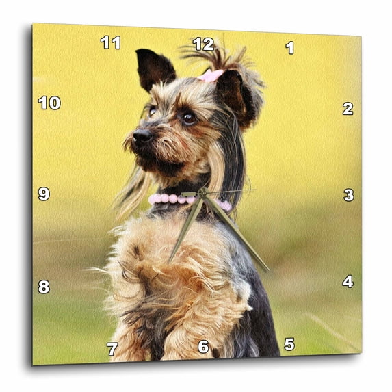 3drose, Yorkie. Puppy. Doggy. Pink Bow and Necklace., 10x10 Wall Clock ...