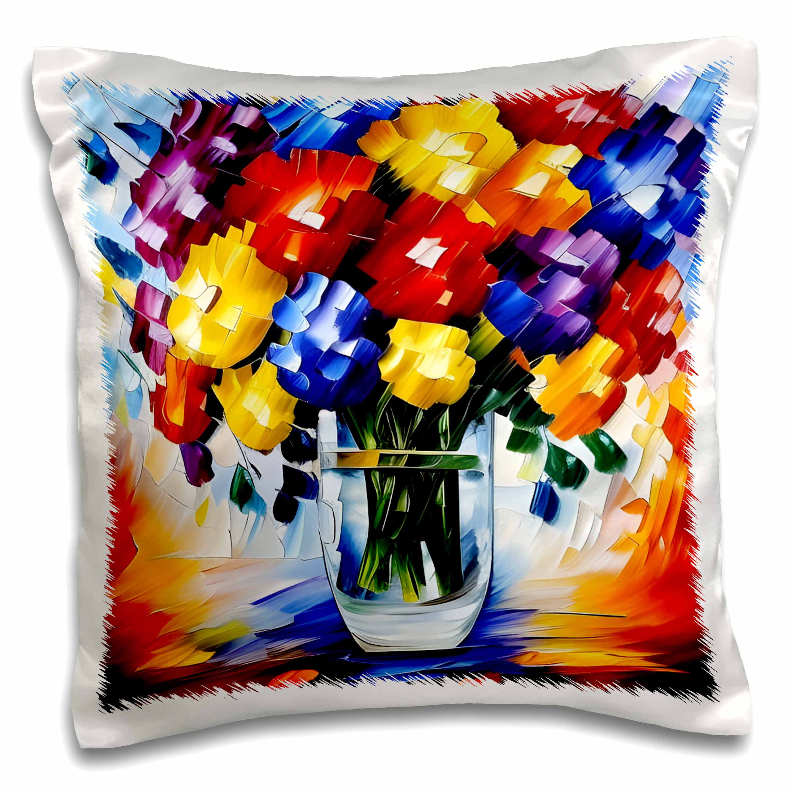 3drose, a Bunch of Red, Yellow, Blue Flowers in a Glass Vase on a Table ...