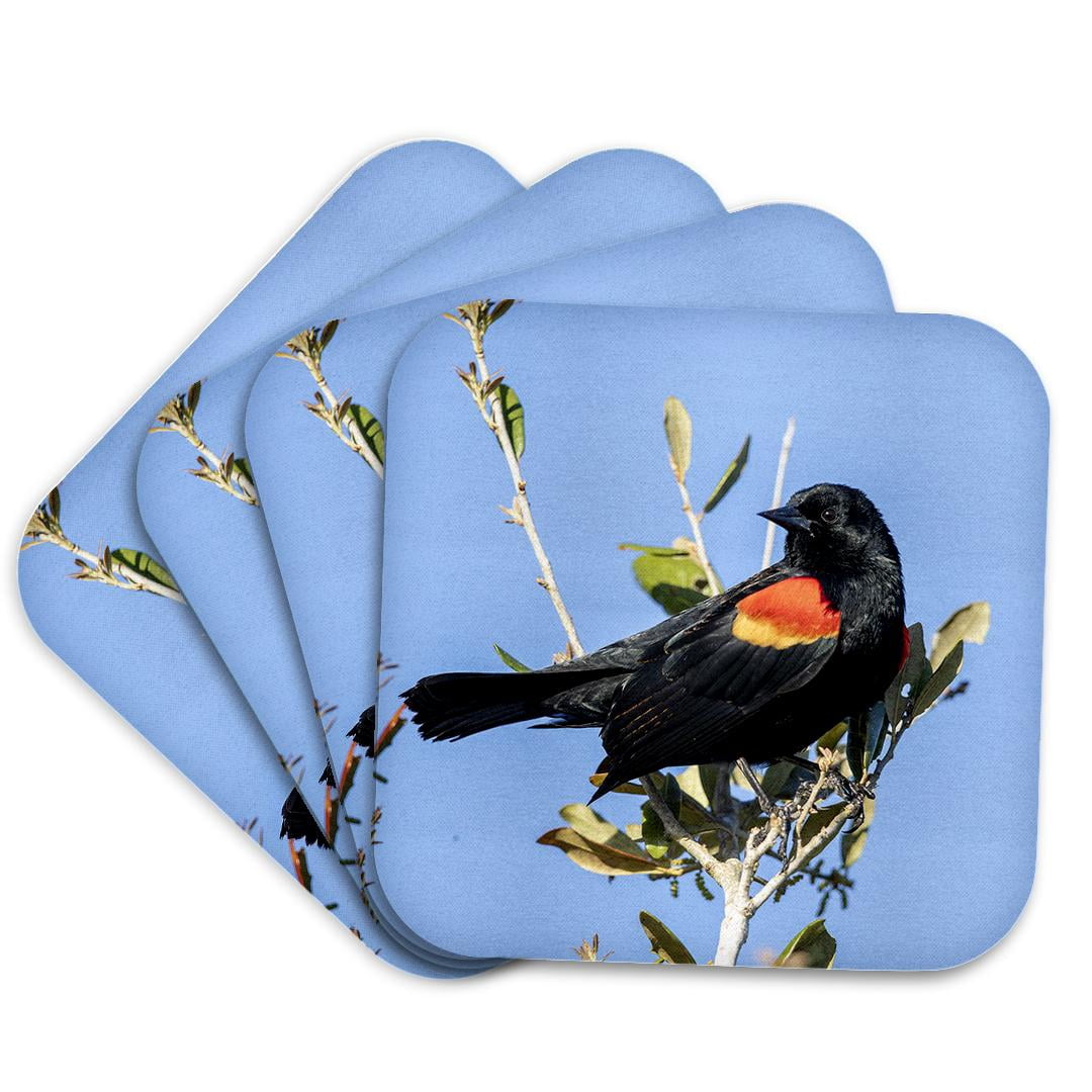 3drose, a Colorful Red-winged Blackbird Perched in a Tree., Set of 4 ...