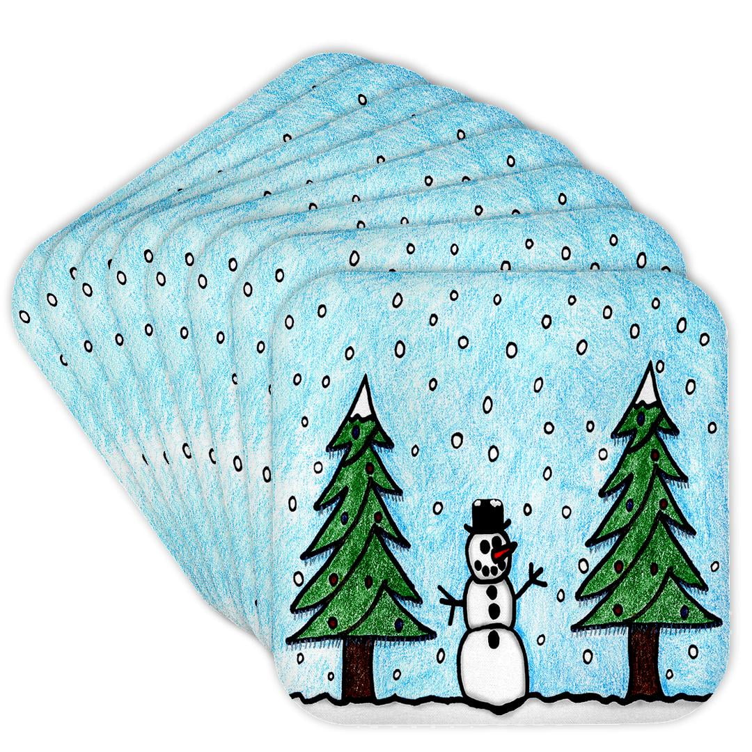 3drose, a Cute Snowman Is Waving Hello Outside, Set of 8 Coasters ...