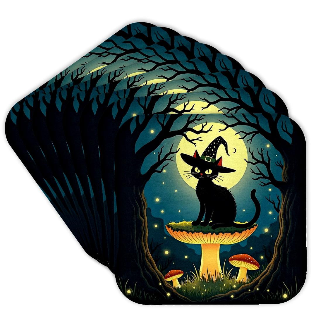 3drose, a Little Black Witchy Cat Sitting on a Toadstool with Moon and ...