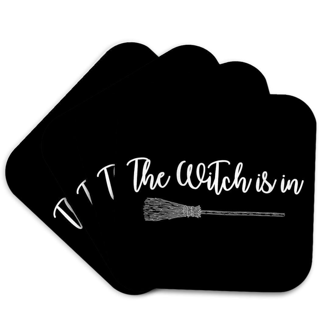 3drose, the Witch Is in with Broom. Cursive White Letters on Black ...