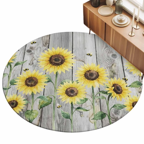 3ft Area Rug,Country Sunflower Bee Retro Wooden Washable Large Rugs ...