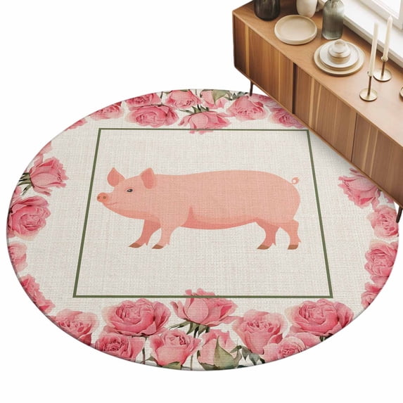 3ft Area Rug,Farmhouse Pink Pig Flowers Rose Washable Large Rugs Soft ...