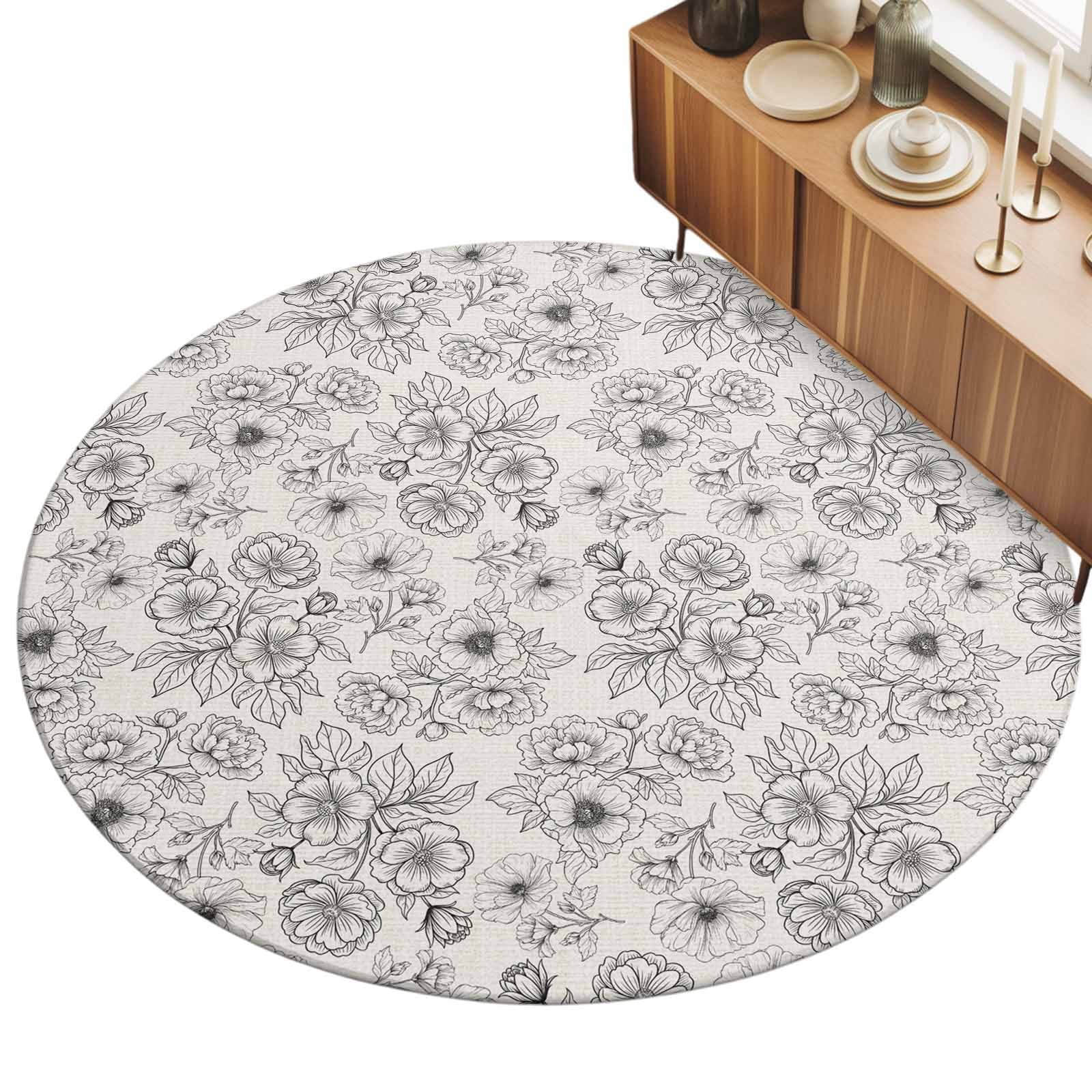 3ft Area Rug,Spring Flower Black Sketch on Flax Washable Large Rugs ...