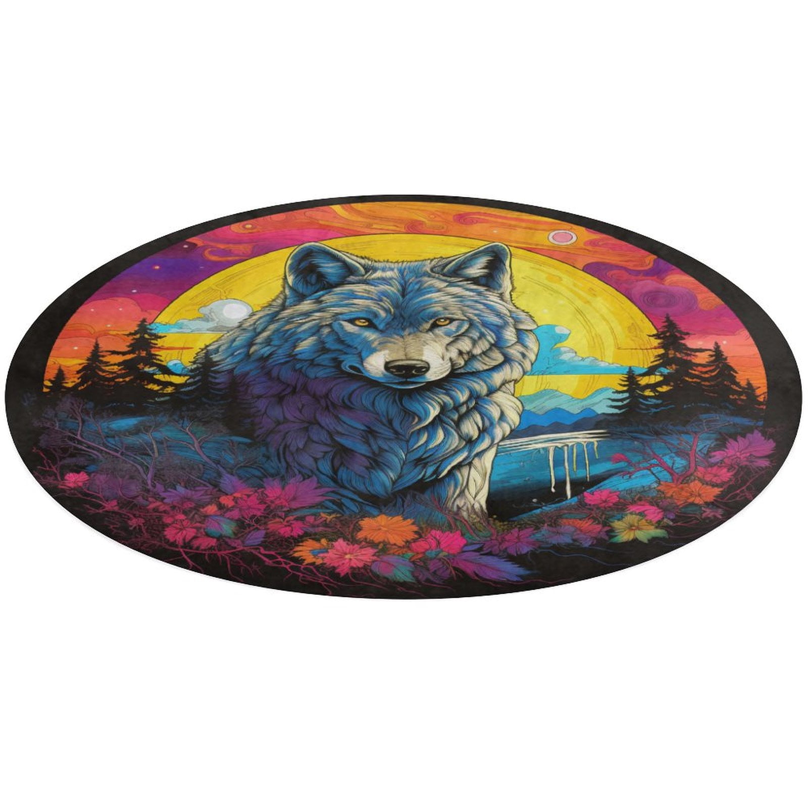 3ft Colorful Lone Wolf Ultra-Thin Washable Round Rug - Non Slip Non ...