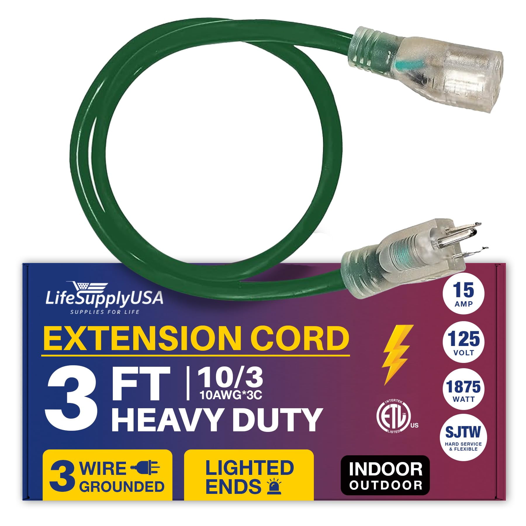 3ft Power Extension Cord Outdoor & Indoor - Waterproof Electric Drop ...