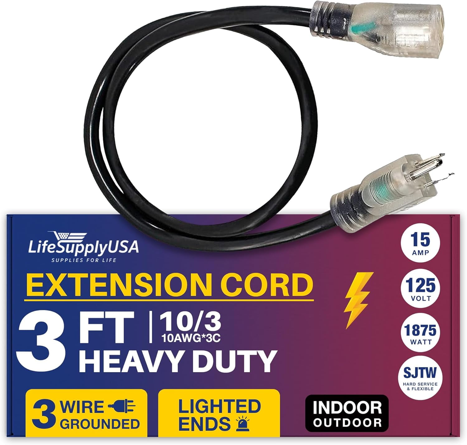 3ft Power Outdoor Extension Cord & Indoor - Waterproof Electric Drop ...