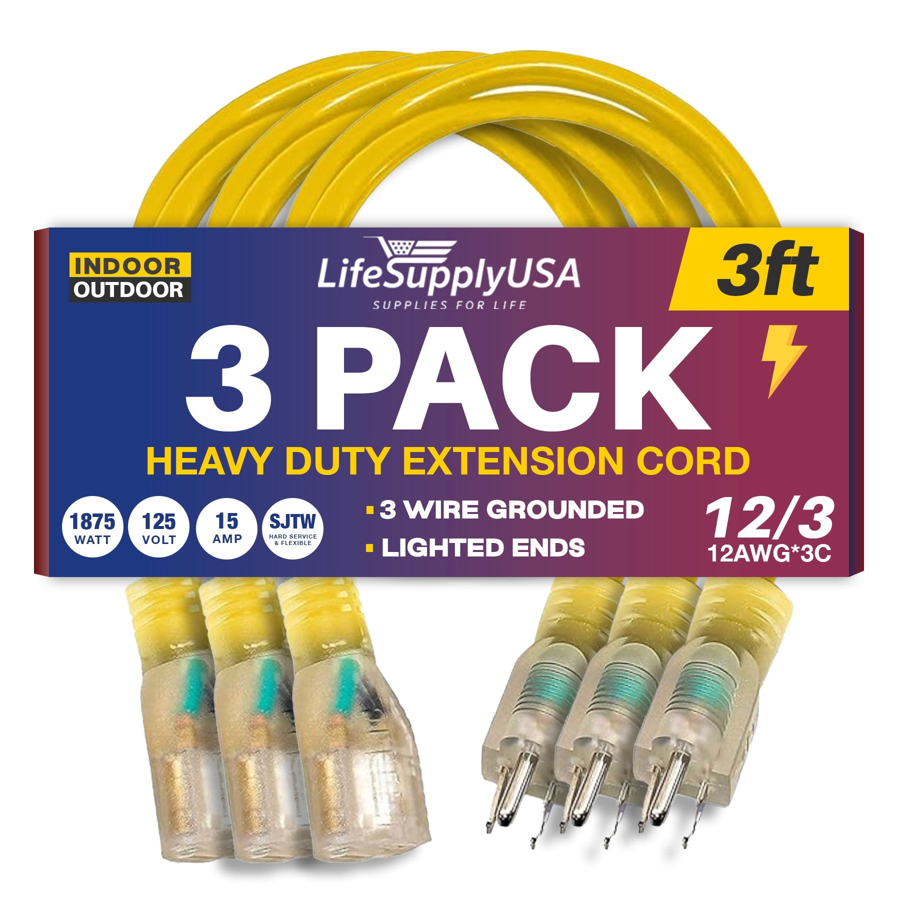 3ft Power Outdoor Extension Cord & Indoor - Waterproof Electric Drop ...