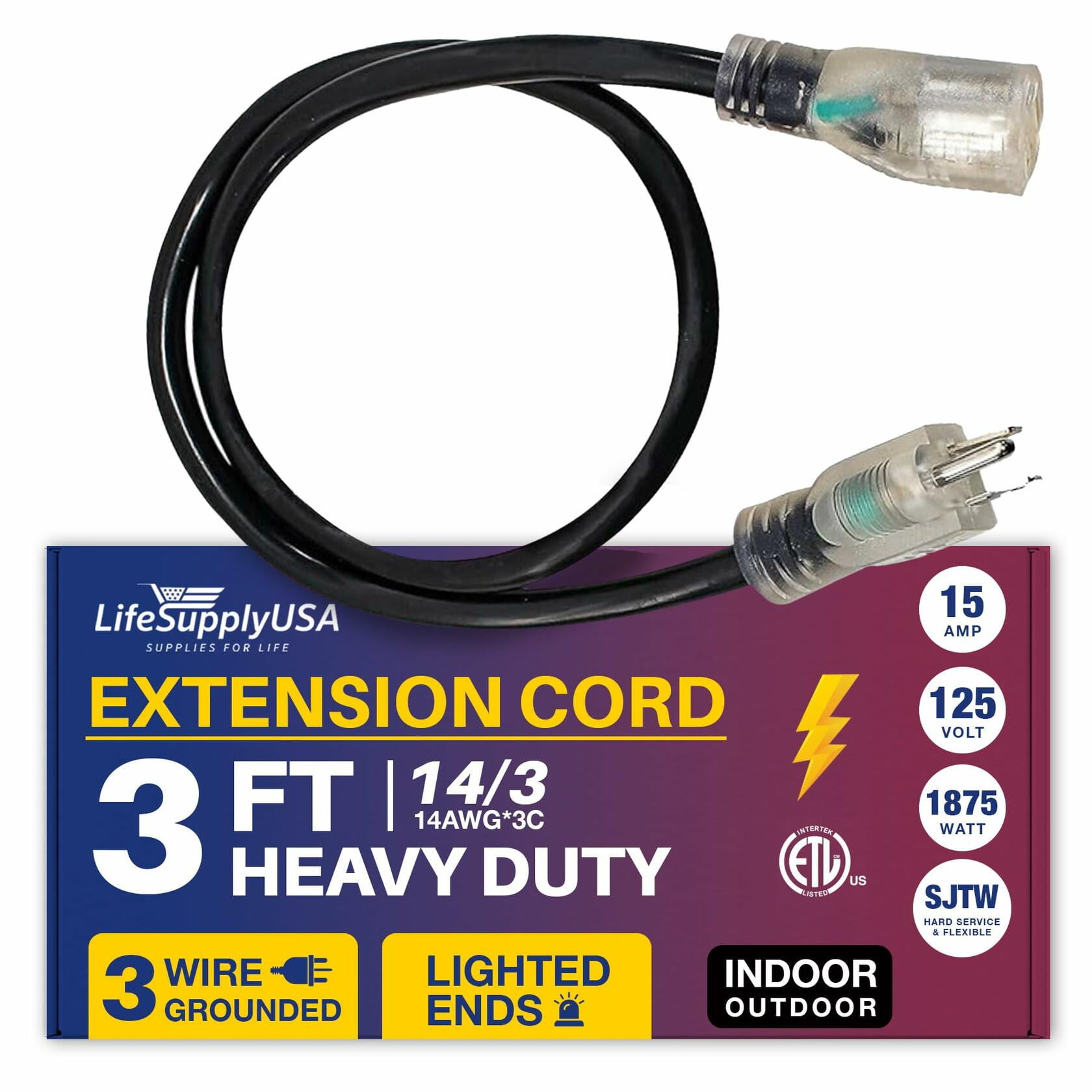 3ft Power Outdoor Extension Cord & Indoor - Waterproof Electric Drop ...