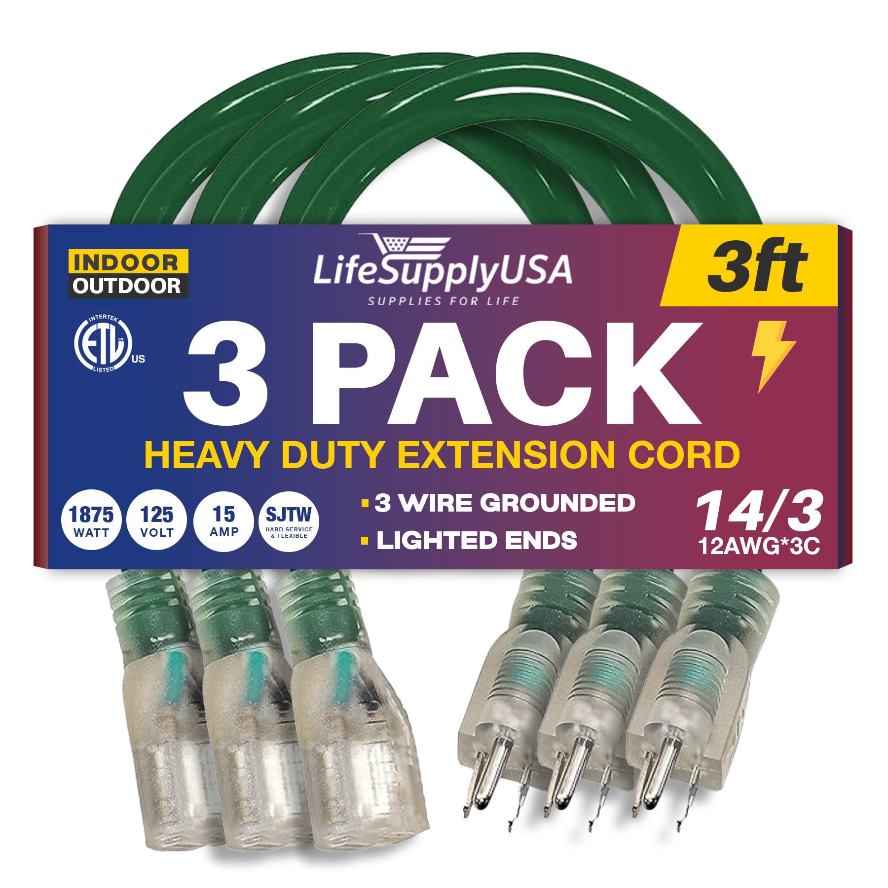 3ft Power Outdoor Extension Cord & Indoor - Waterproof Electric Drop ...