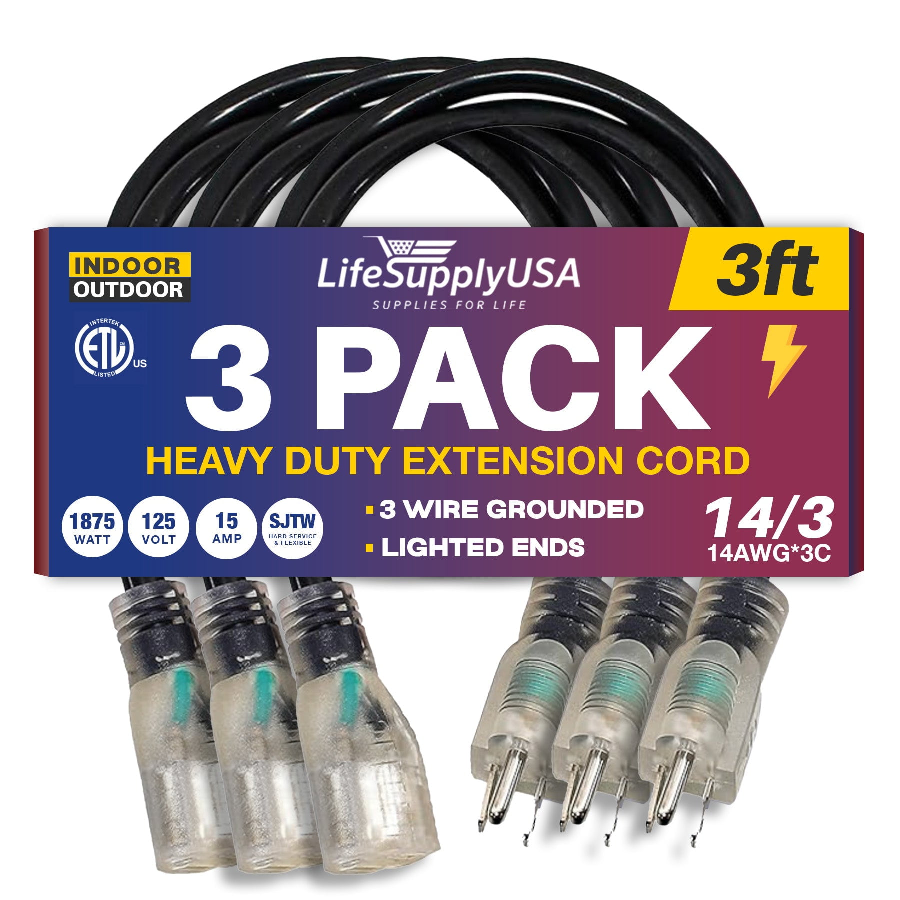 3ft Power Outdoor Extension Cord & Indoor - Waterproof Electric Drop ...