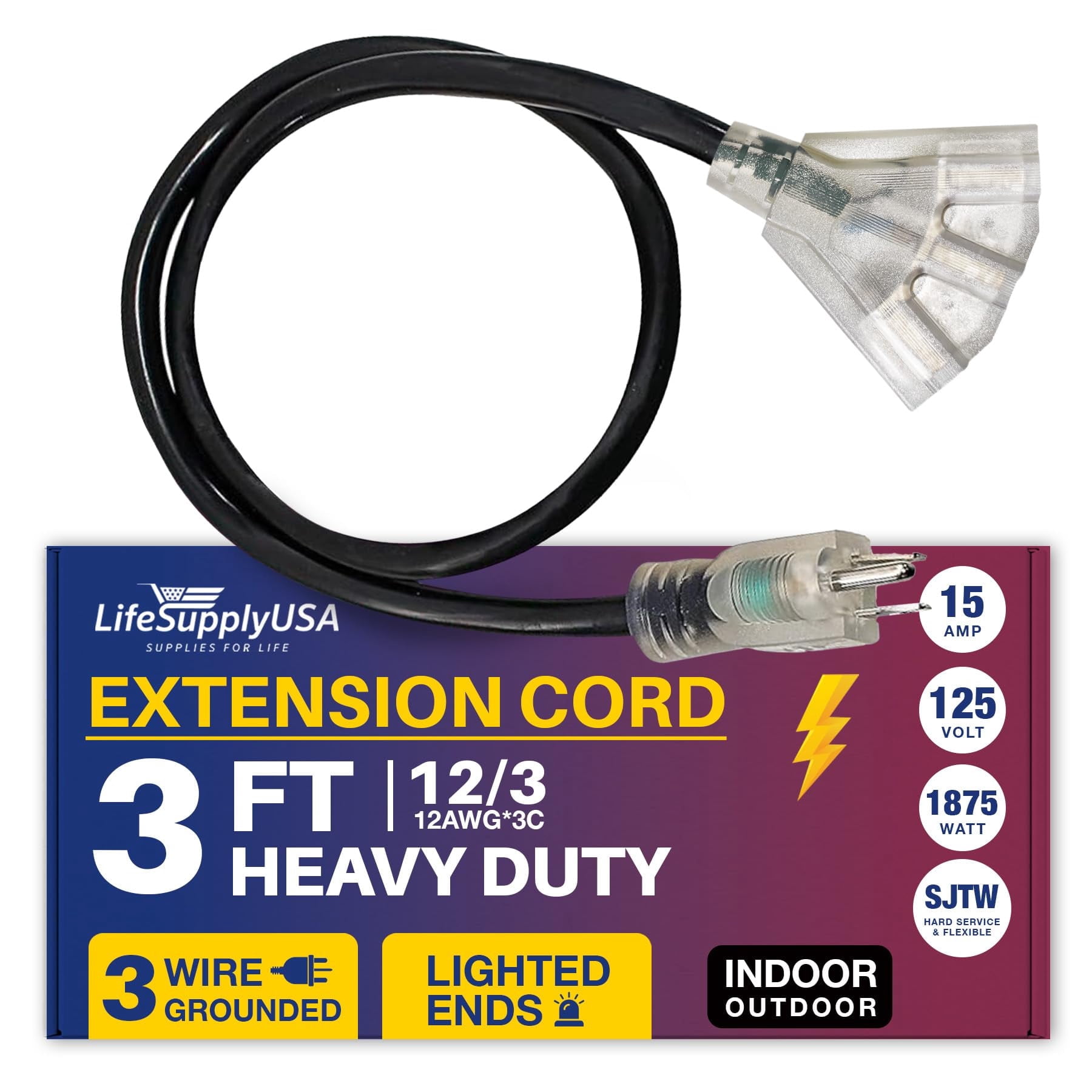LifeSupplyUSA Indoor/Outdoor Extension Cord Power Cable, 3ft SJTW 12 ...