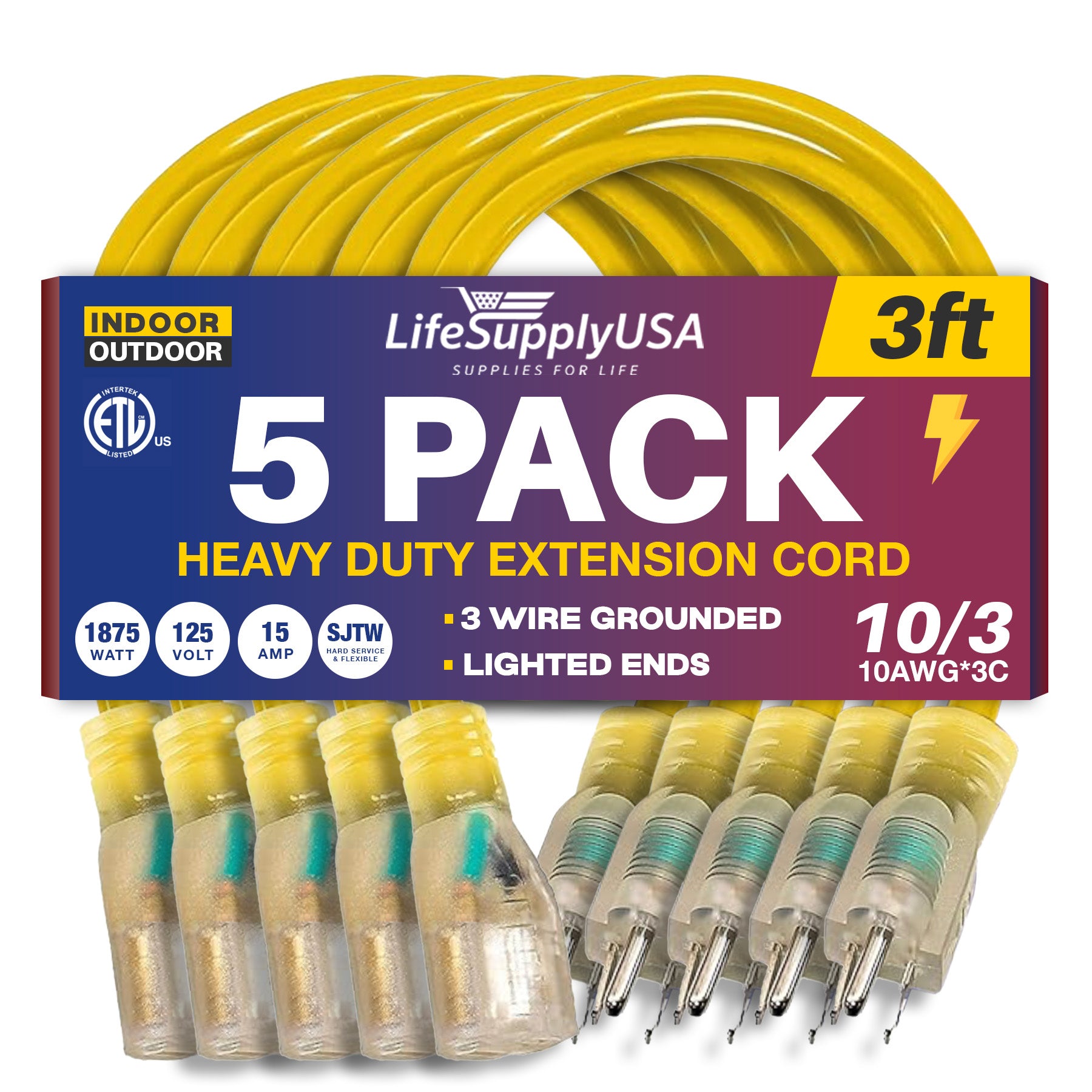 3ft Power Outdoor Extension Cord & Indoor - Waterproof Electric Drop ...