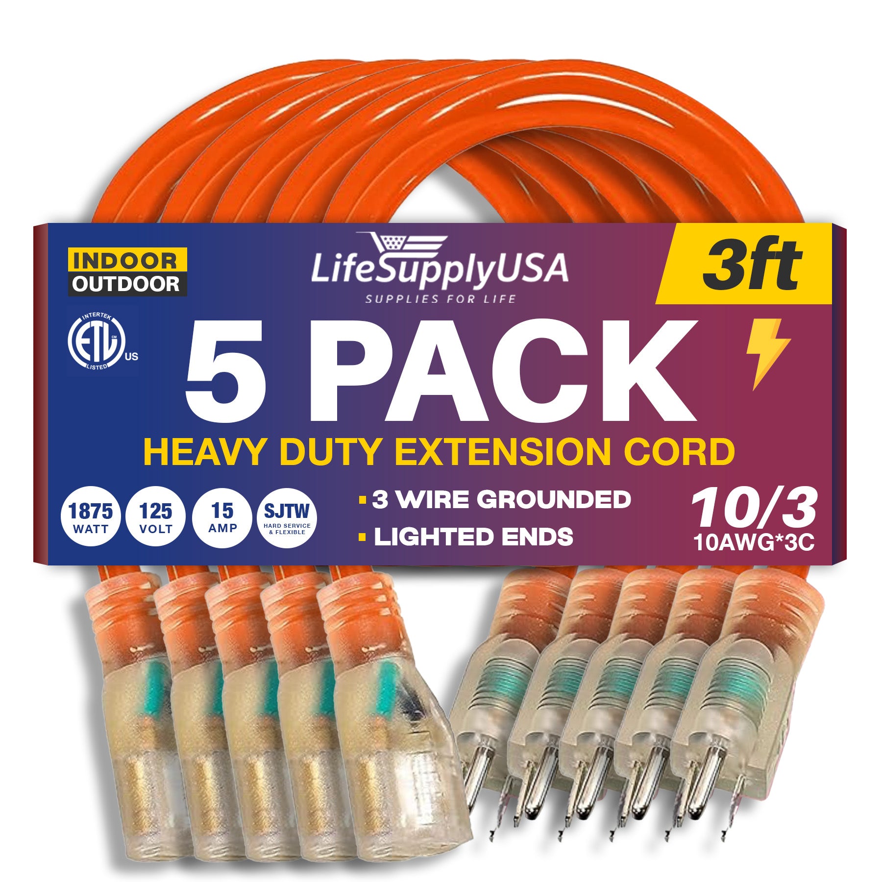 3ft Power Outdoor Extension Cord & Indoor - Waterproof Electric Drop ...