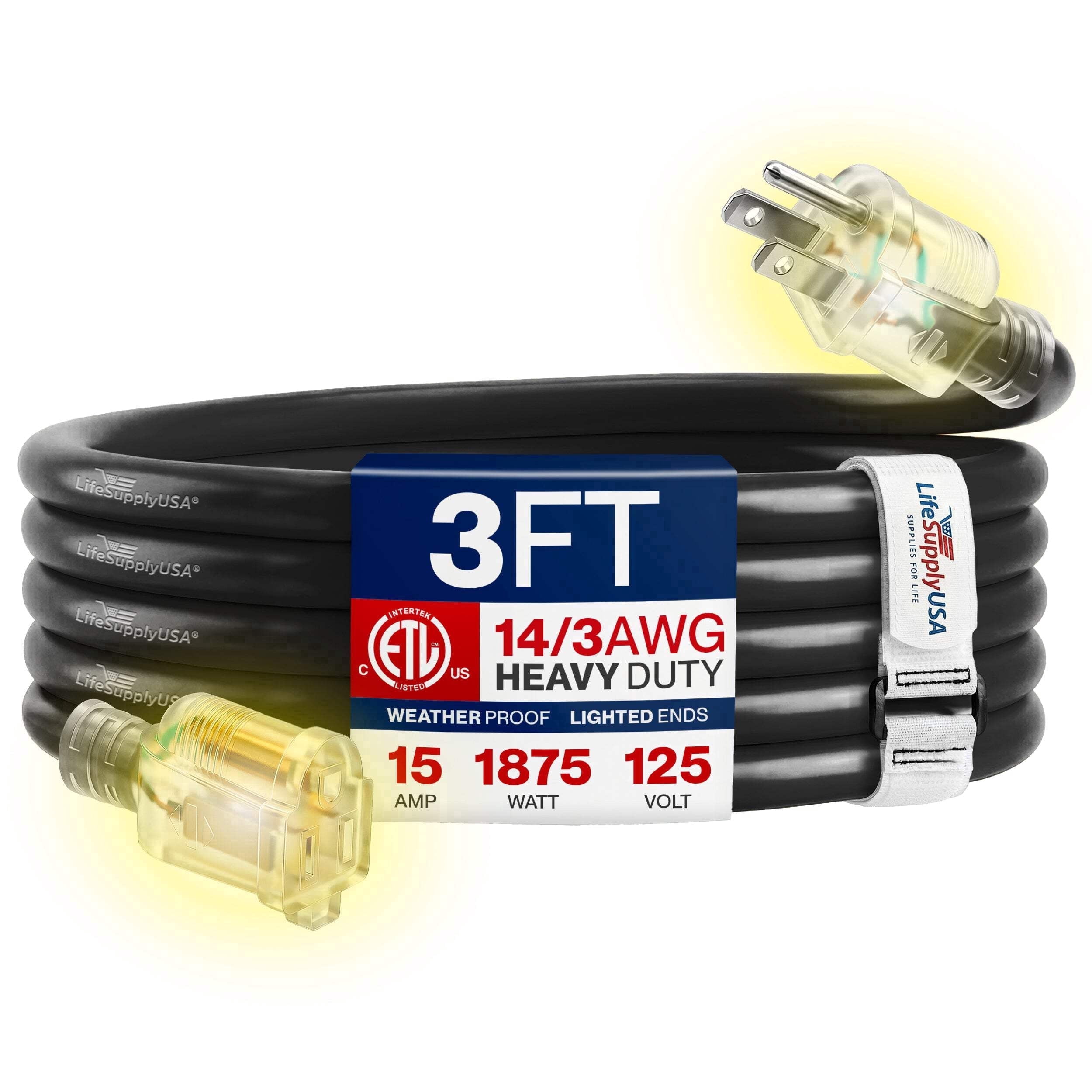 3ft Outdoor/Indoor Extension Cord 14/3 Gauge Heavy Duty 3 Prong SJTW ...
