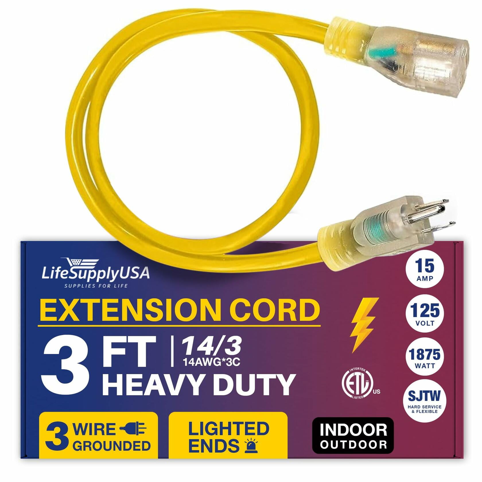 3ft Power Outdoor Extension Cord & Indoor - Waterproof Electric Drop ...