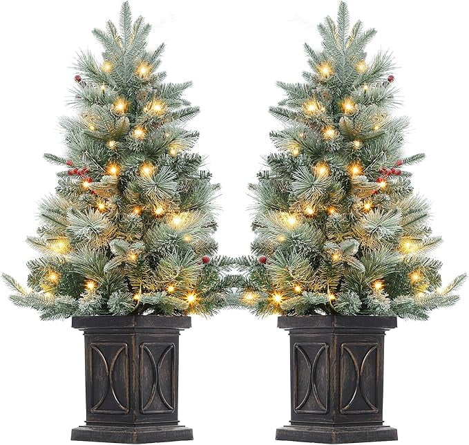 3ft Pre-Lit Artificial Christmas Tree Tabletop, Flocked Potted ...