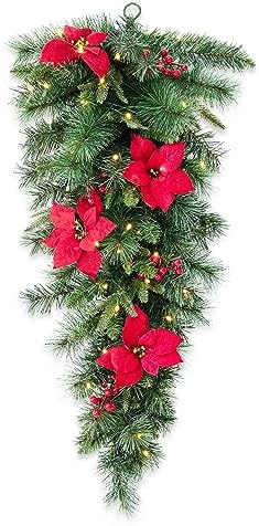 3ft Pre-Lit Christmas Teardrop Swag, Artificial Winter Swags with Pine ...