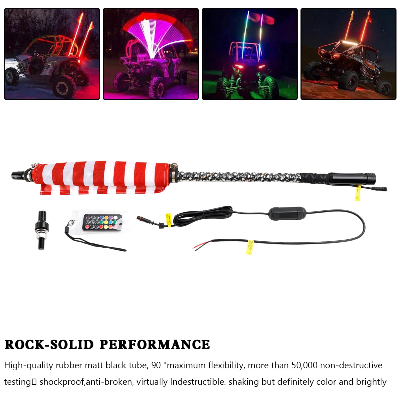 3ft RGB LED APP Whip Lights Antenna W/ Flag Remote Control For Polaris ...