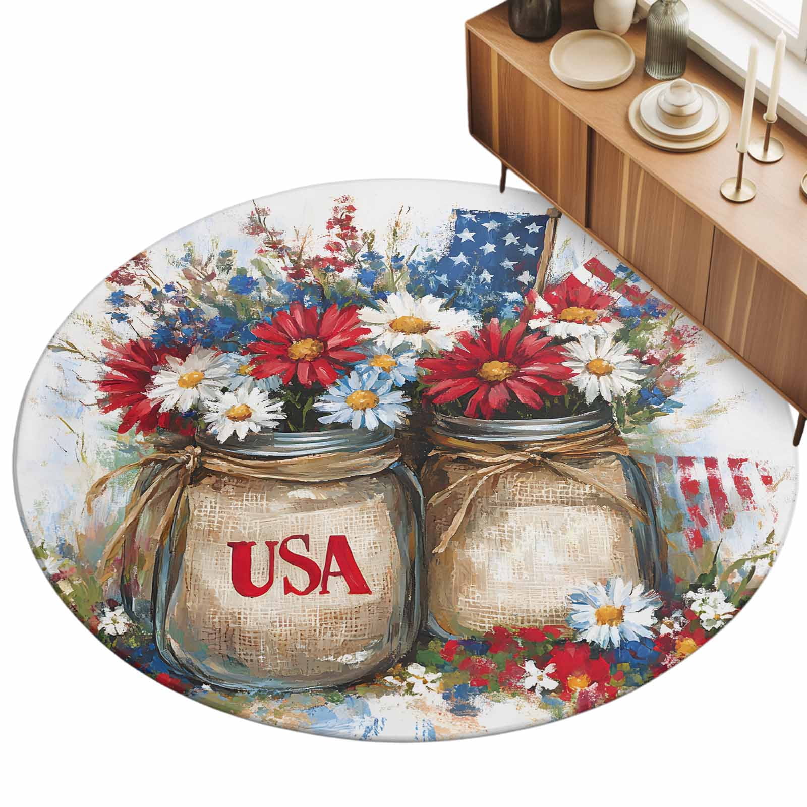 3ft Round Rug 4th of July Floral Area Rugs for Living Room Bedroom ...