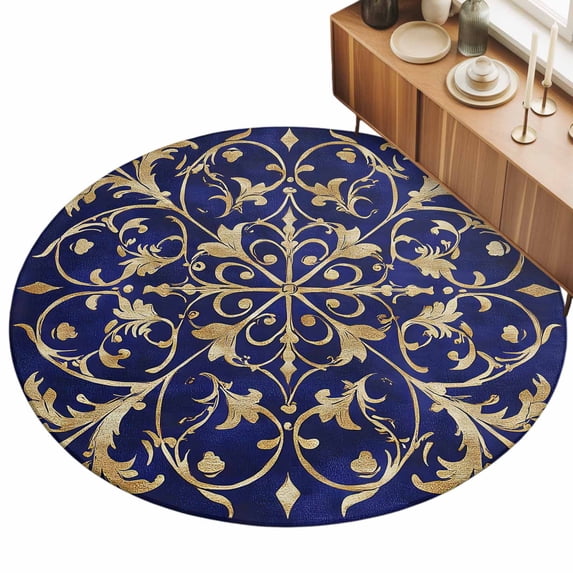 3ft Round Rug Abstract Blue Gold Area Rugs for Living Room Bedroom ...