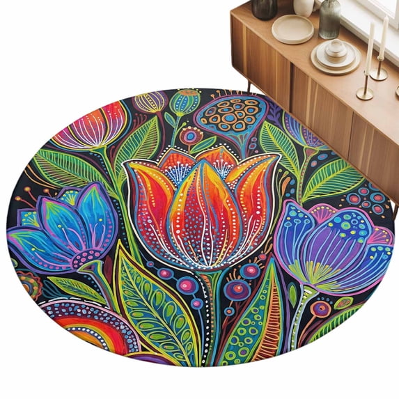 3ft Round Rug Abstract Tulip Flowers Area Rugs for Living Room Bedroom ...