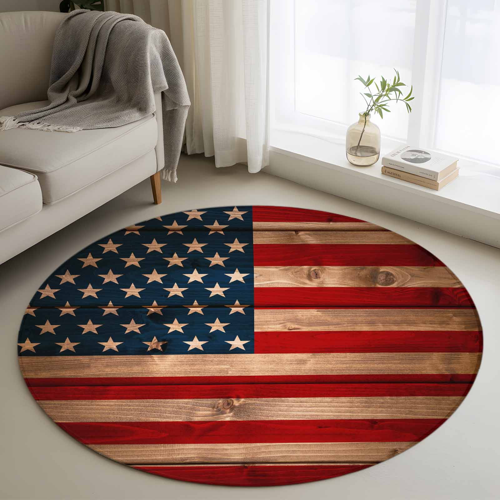 3ft Round Rug, American Flag Non-Skid Rubber Backing Large Area Rugs ...