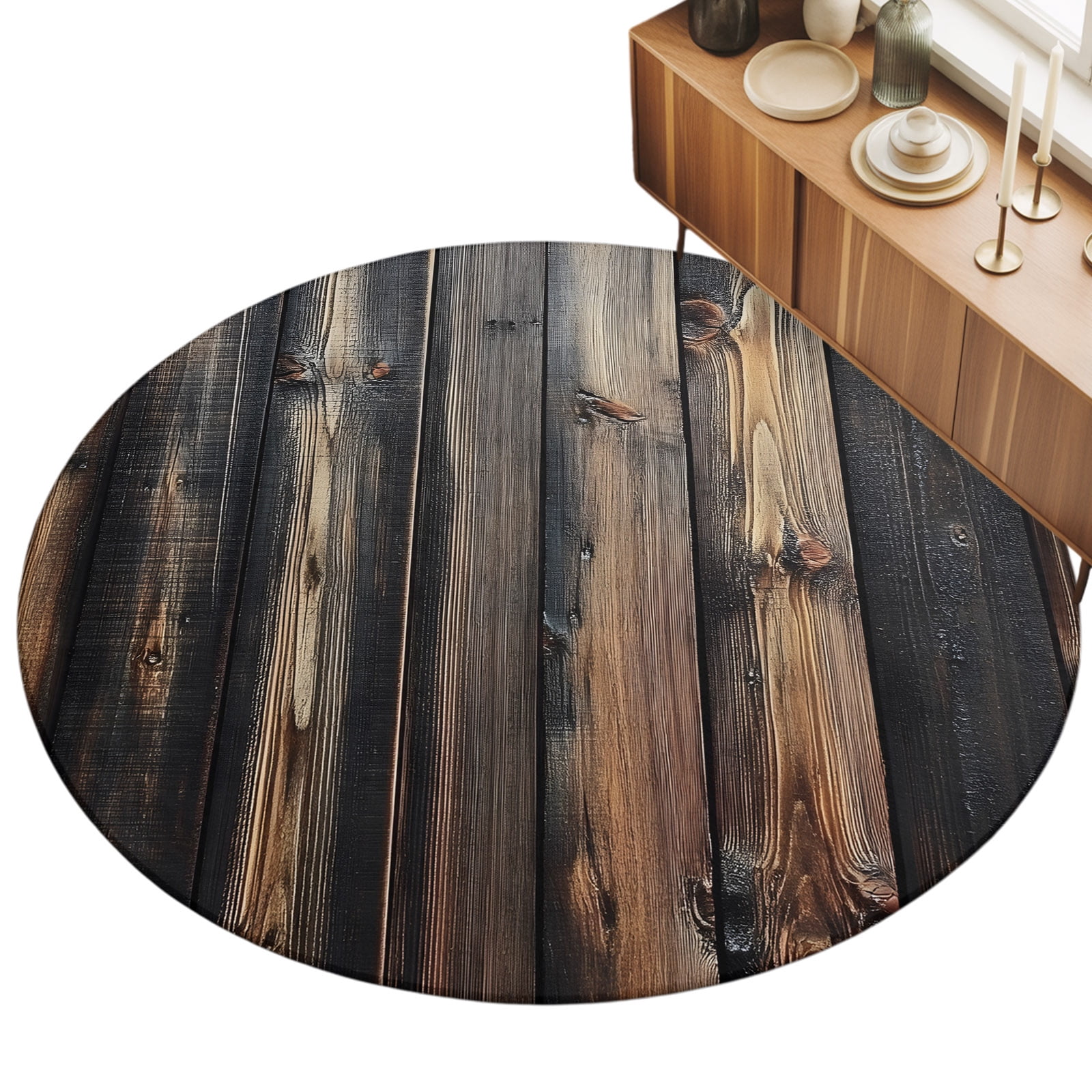 3ft Round Rug Black Brown Plank Area Rugs for Living Room Bedroom ...