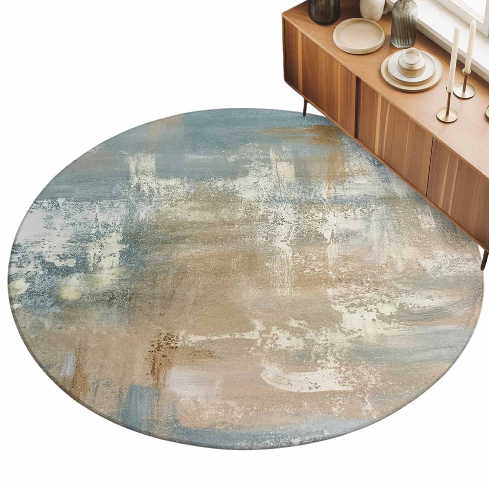 3ft Round Rug Blue Brown Area Rugs for Living Room Bedroom Washable Non ...
