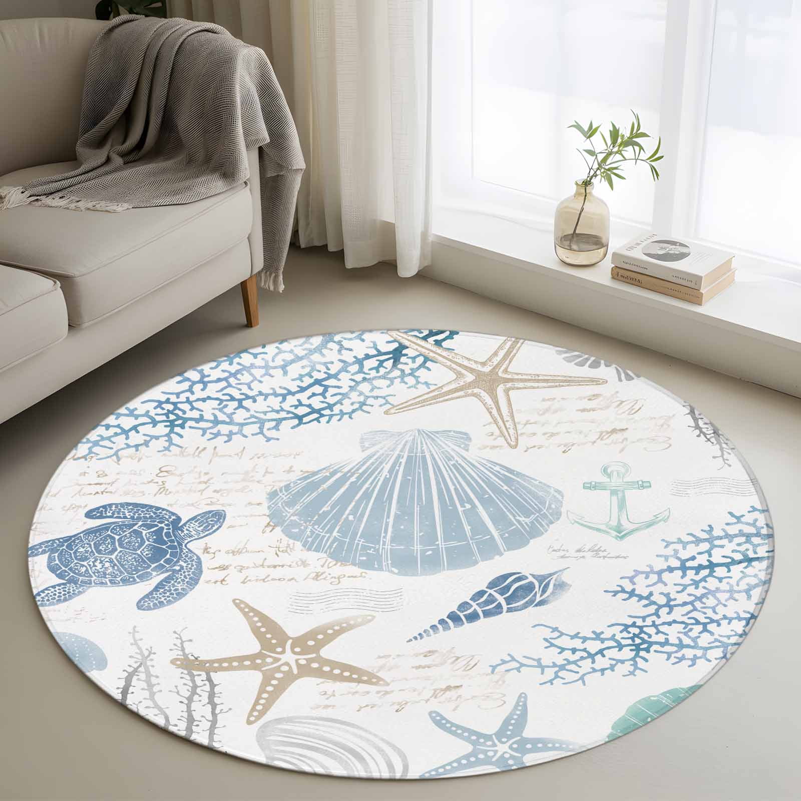 3ft Round Rug, Blue Coastal Nautical Non-Skid Rubber Backing Large Area ...