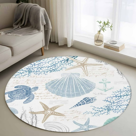 3ft Round Rug, Blue Coastal Nautical Non-Skid Rubber Backing Large Area ...