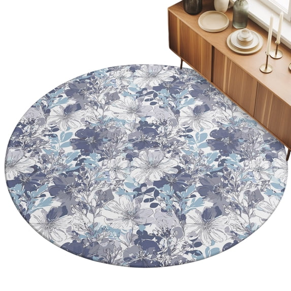 3ft Round Rug Blue Floral Area Rugs for Living Room Bedroom Washable ...