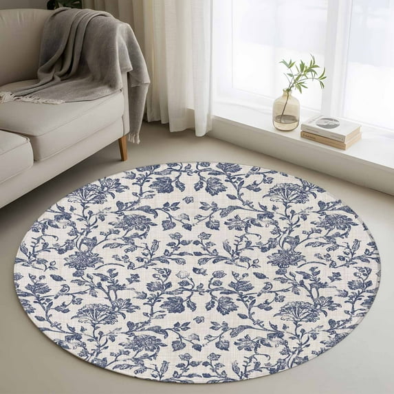 3ft Round Rug, Blue Floral Leaf Non-Skid Rubber Backing Large Area Rugs ...