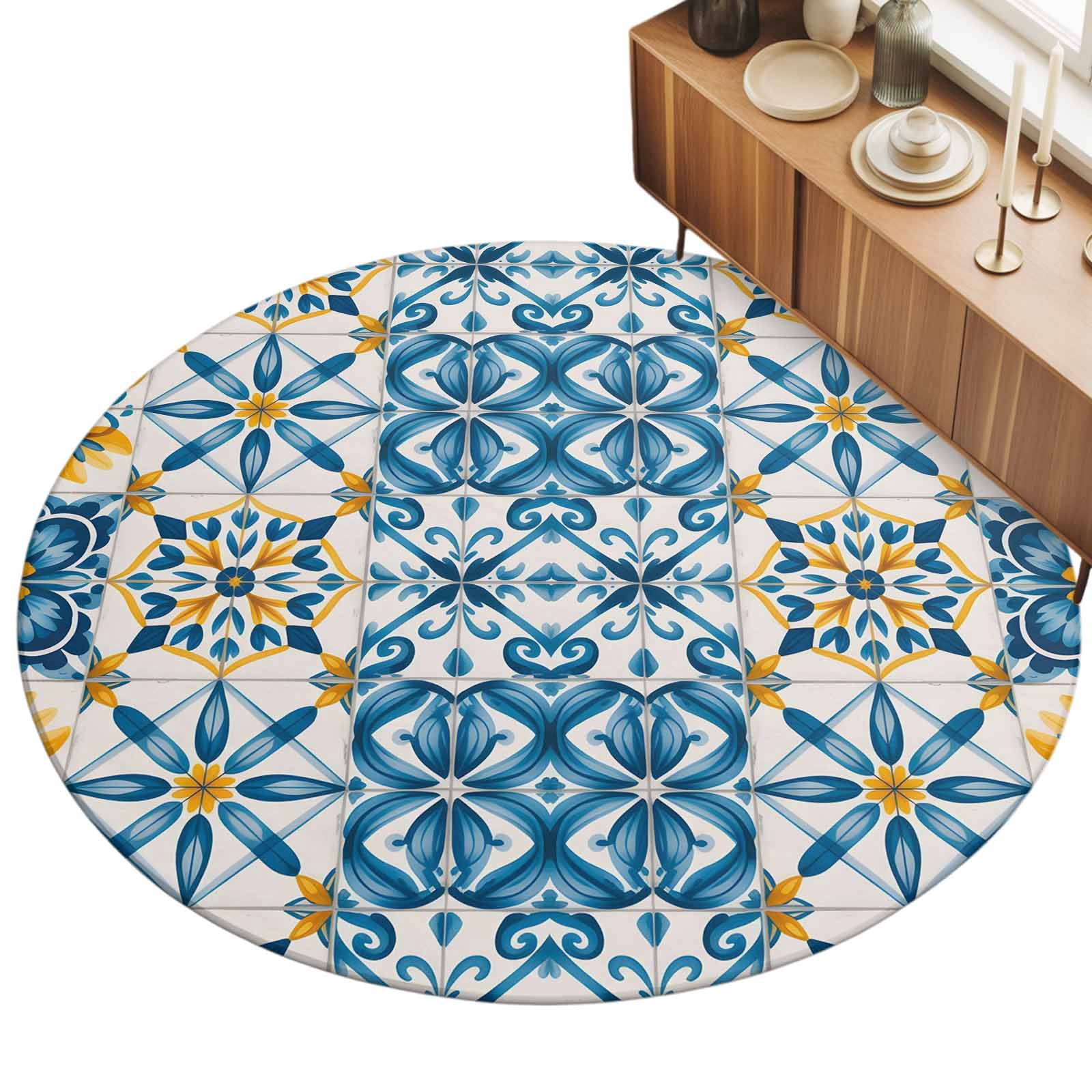 3ft Round Rug Blue Flowers Area Rugs for Living Room Bedroom Washable ...