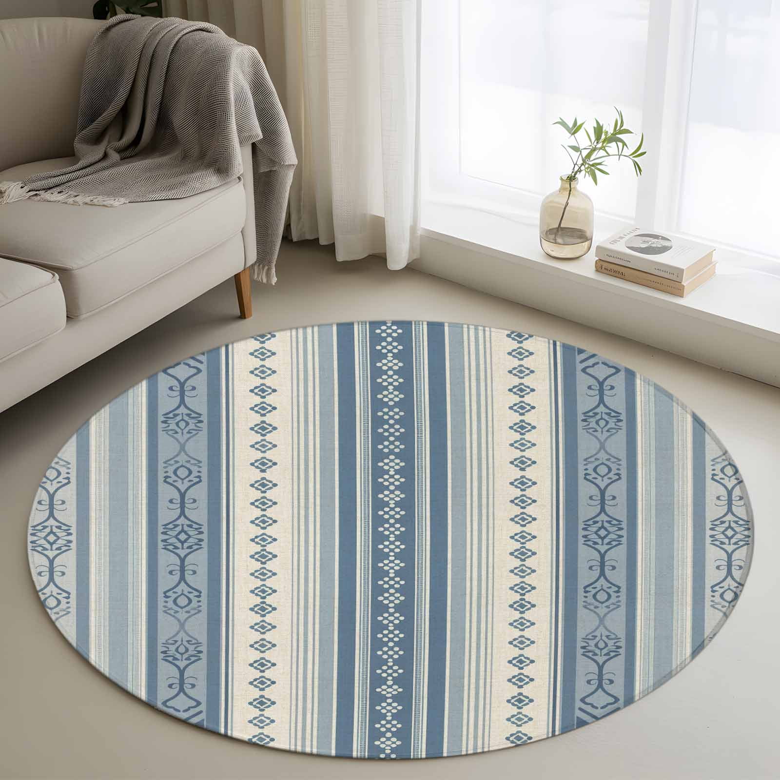 3ft Round Rug, Blue Geometric Non-Skid Rubber Backing Large Area Rugs ...