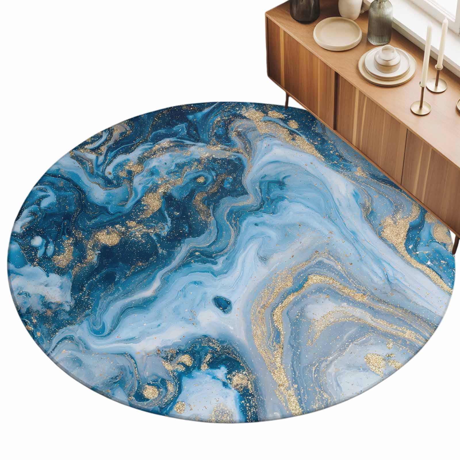3ft Round Rug Blue Gold Marble Area Rugs for Living Room Bedroom ...