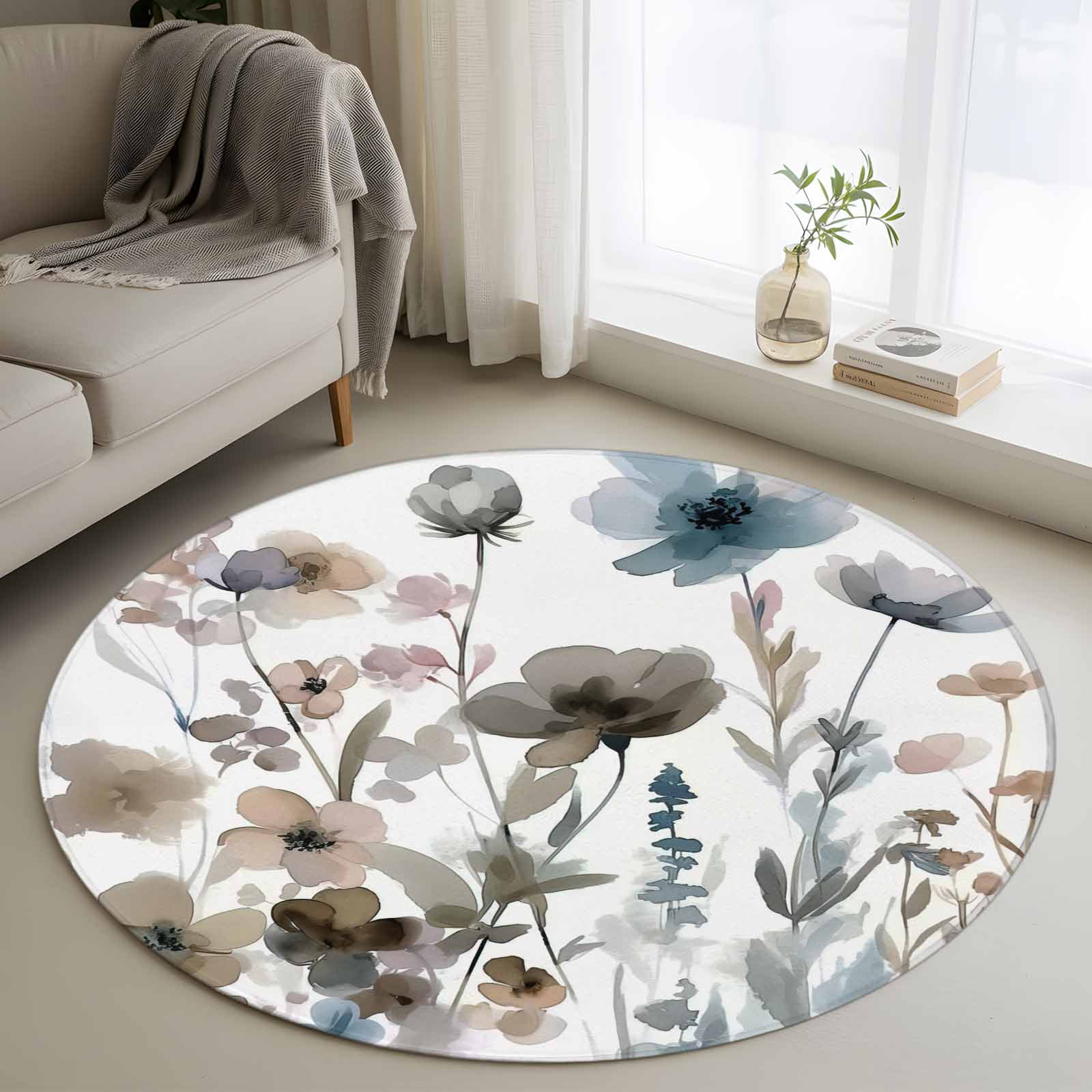 3ft Round Rug, Blue Grey Pink Spring Floral Non-Skid Rubber Backing ...