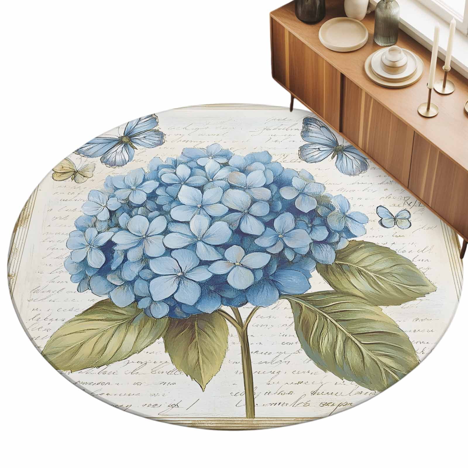 3ft Round Rug Blue Hydrangea Area Rugs for Living Room Bedroom Washable ...