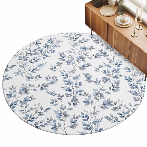 3ft Round Rug Blue Leaves Area Rugs for Living Room Bedroom Washable ...
