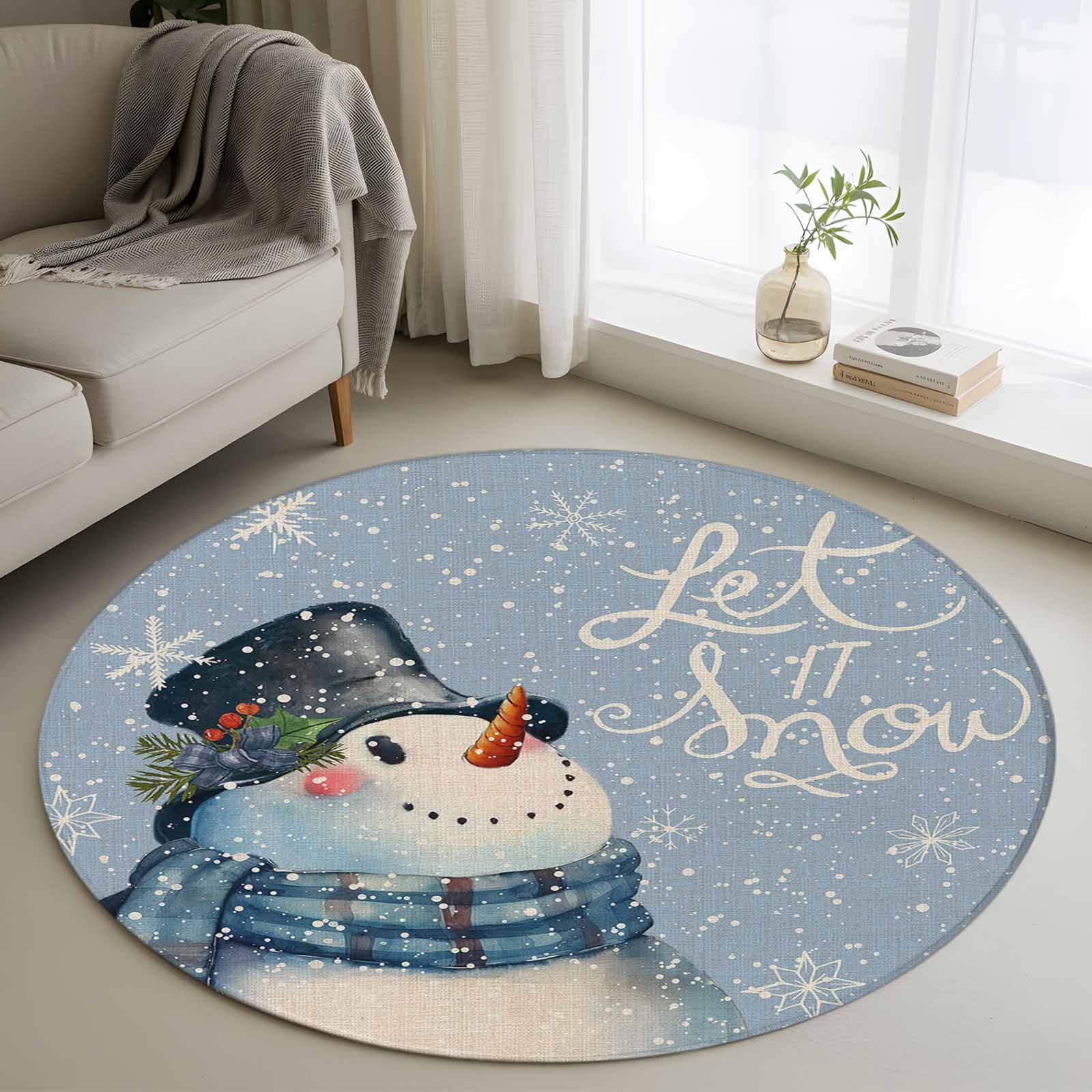 3ft Round Rug, Blue Snowman Christmas Non-Skid Rubber Backing Large ...