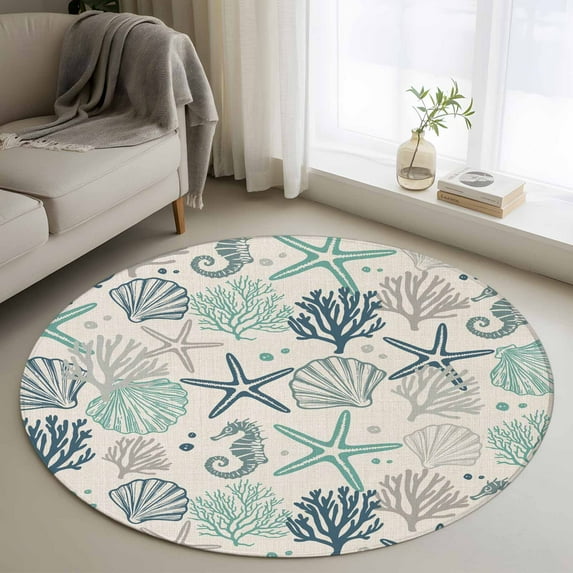 3ft Round Rug, Blue Teal Coastal Non-Skid Rubber Backing Large Area ...