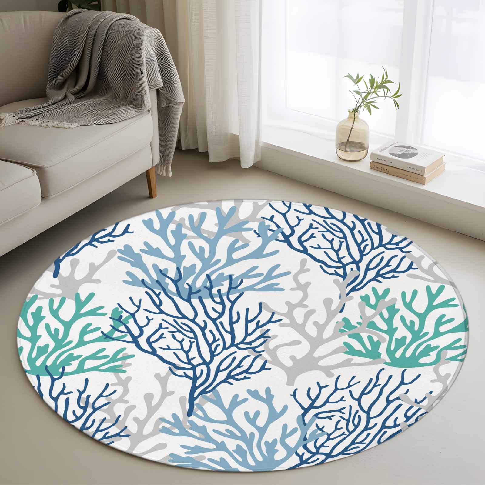 3ft Round Rug, Blue Teal Grey Coral Coastal Non-Skid Rubber Backing ...